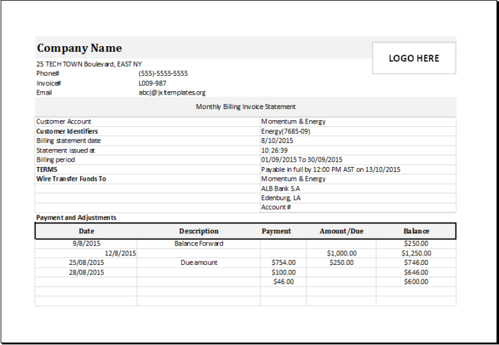 √ Monthly Billing Statement Template