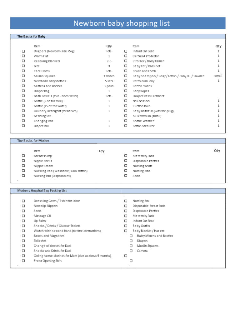 √ Free Printable Newborn Shopping Checklist Template