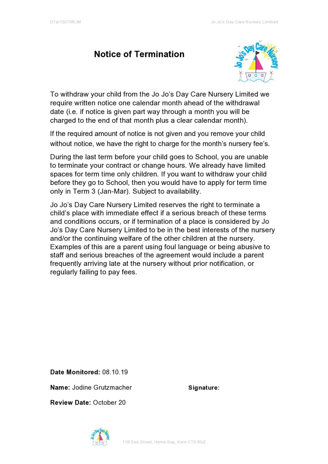 √ Printable Notice of Termination Form