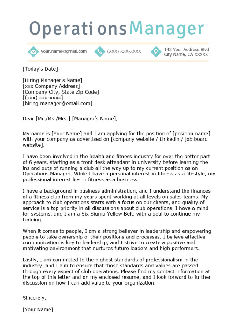 √ Free Printable Operation Manager Cover Letter Template