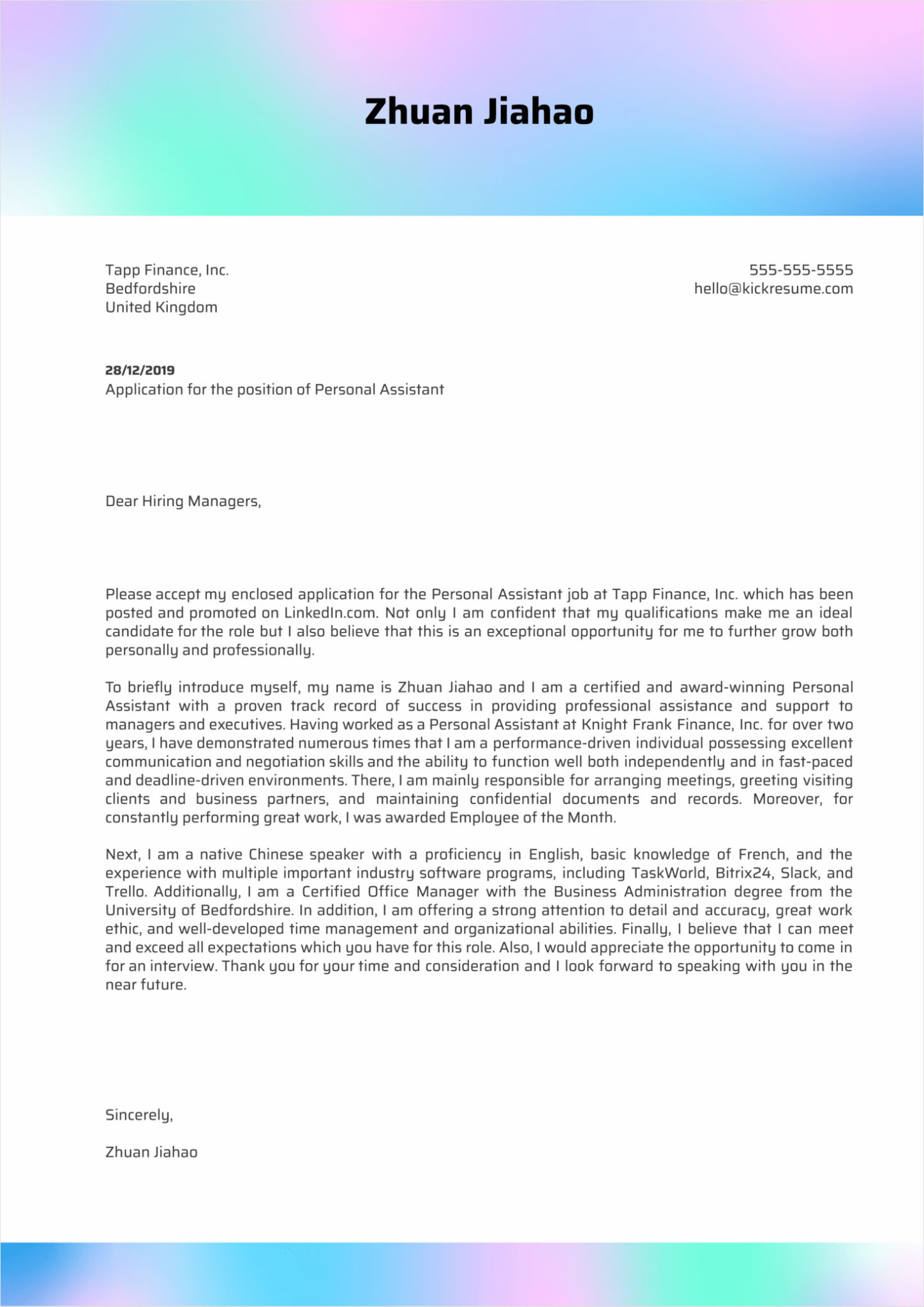 √ Free Printable Personal Assistant Cover Letter Template