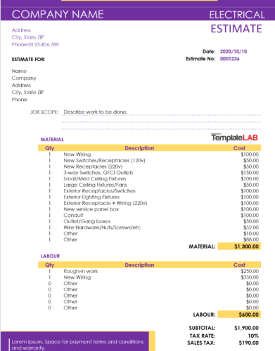 √ Printable Electrical Estimate Template