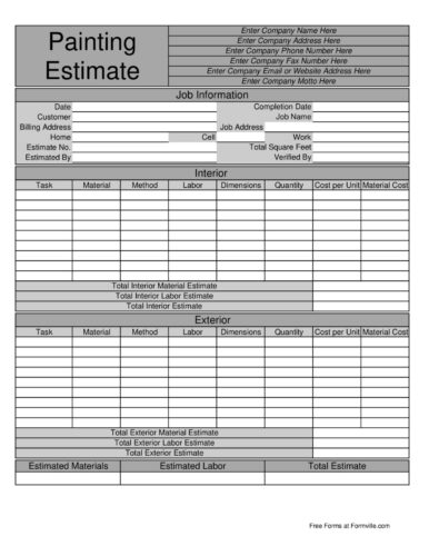 √ Printable Estimate Template for Painting