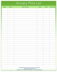 √ Printable Grocery Price List Template
