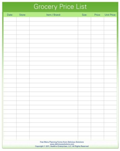√ Printable Grocery Price List Template