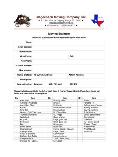 √ Printable Moving Estimate Template