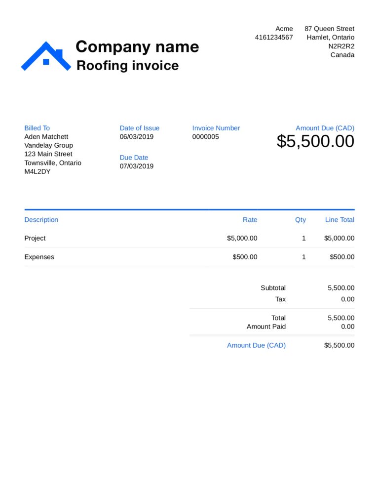 √ Printable Roofing Invoice Template