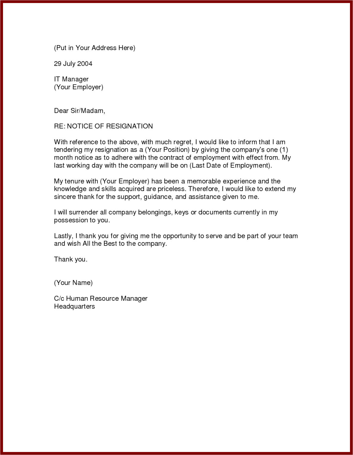  Printable 1 Month Notice Resignation Letter Template