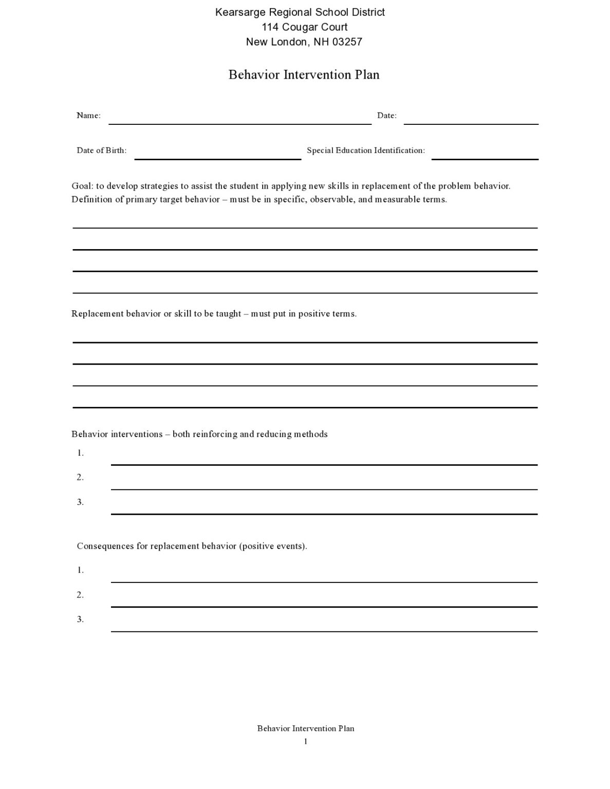 √ Printable Behavior Action Plan Template