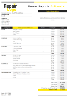 sample of home repair estimate template | Templateral