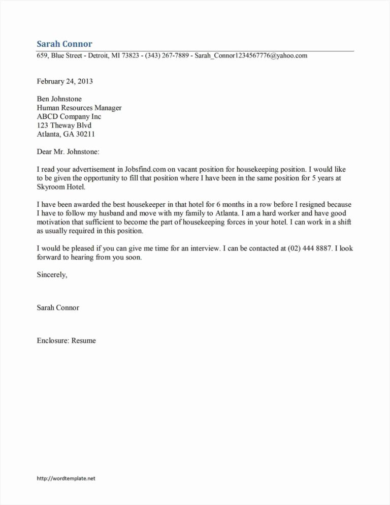 √ Free Printable Housekeeper Cover Letter Template