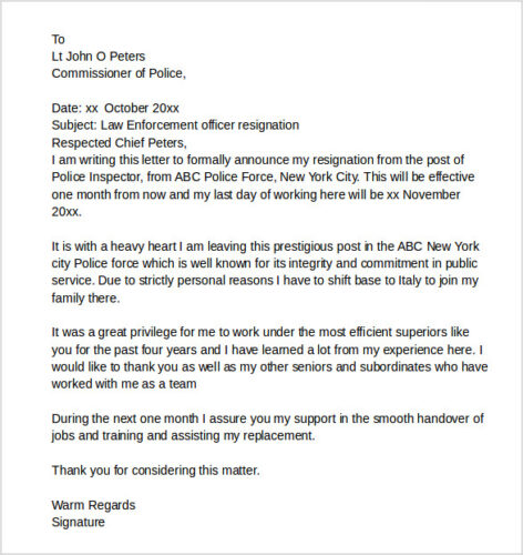 √ Printable Law Enforcement Resignation Letter Template