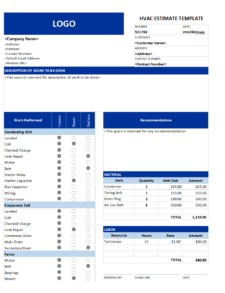 sample of printable HVAC estimate template | Templateral
