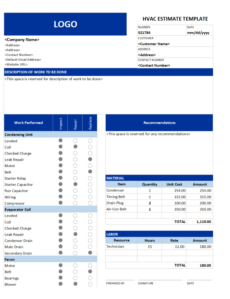 √ Printable HVAC Estimate Template