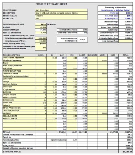 √ Printable Deck Estimate Template