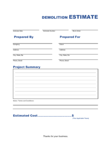 sample of printable demolition estimate template | Templateral