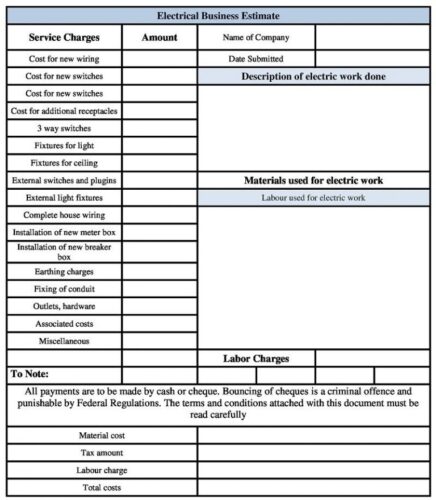 √ Printable Electrical Estimate Template