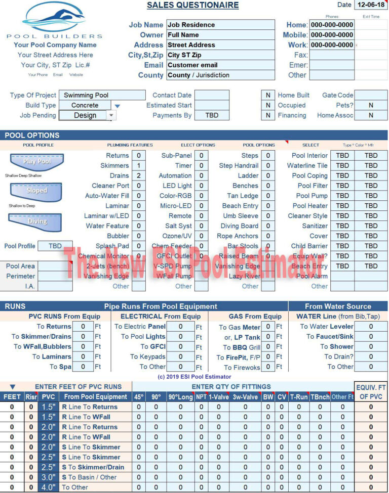 sample of printable pool estimate template | Templateral