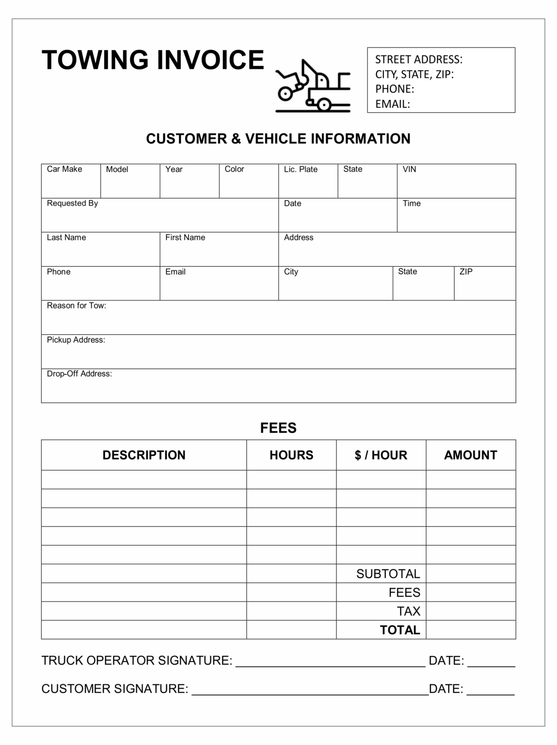 √ Towing Invoice Template