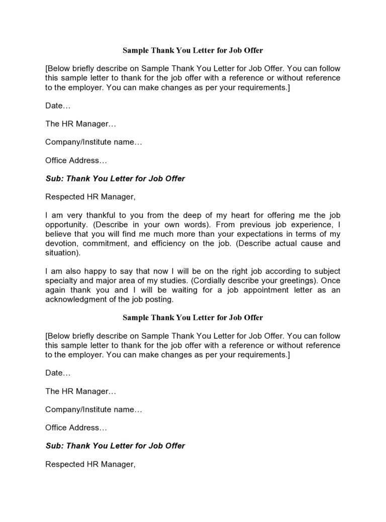 √ Thank You Letter For Job Offer Template