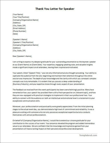 √ Thank You Letter Template for Speaker (With Example)